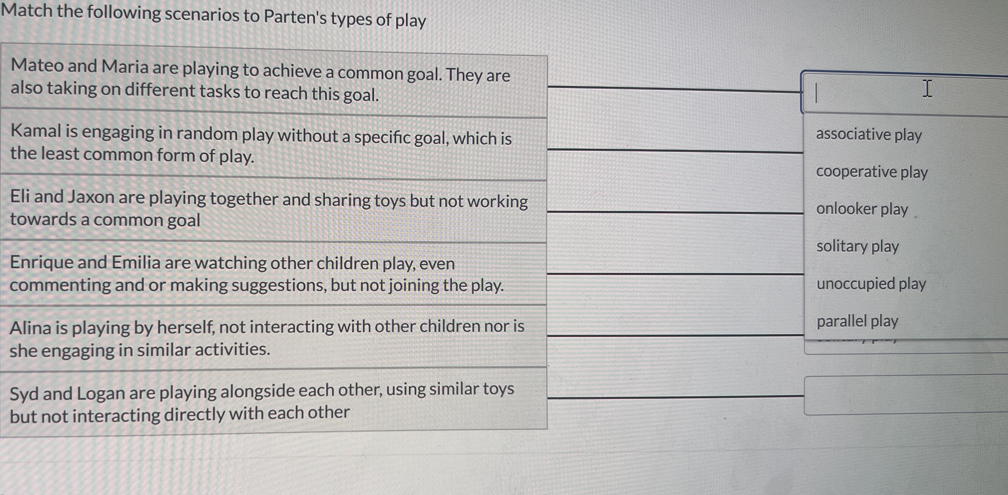 Solved Match the following scenarios to Parten's types of | Chegg.com