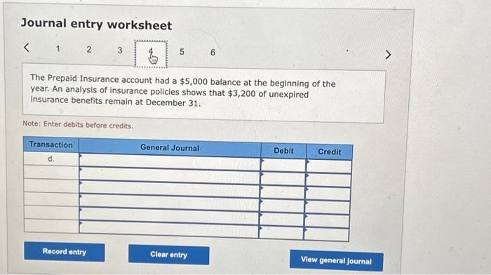 Solved Journal entry worksheet 6 The Prepaid Insurance | Chegg.com