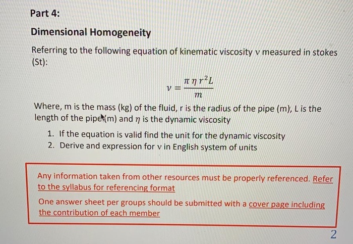Solved Part 4: Dimensional Homogeneity Referring to the | Chegg.com