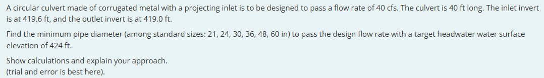 Solved A circular culvert made of corrugated metal with a | Chegg.com