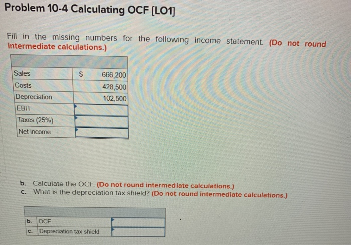 Solved Problem 10-4 Calculating OCF (LO1) Fill in the | Chegg.com