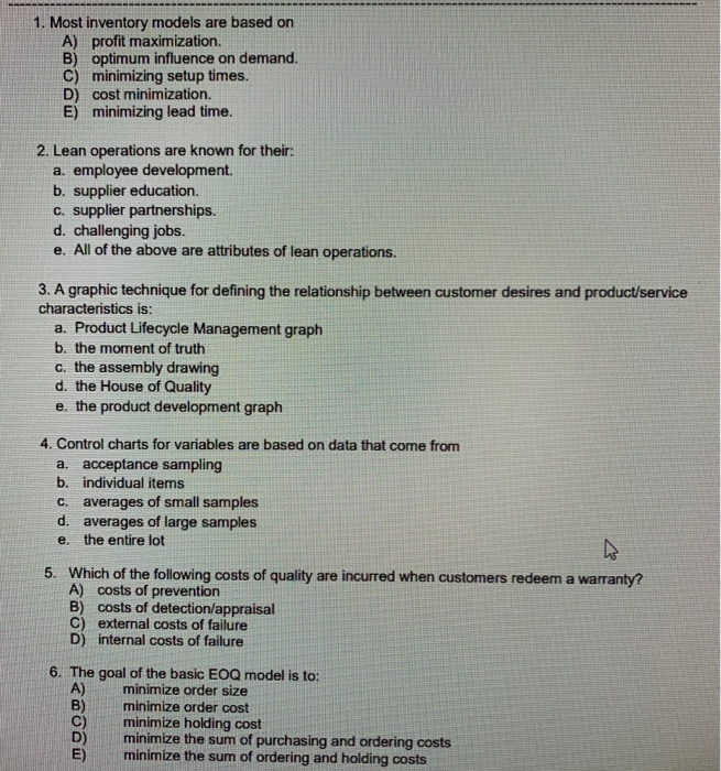 Solved 1. Most inventory models are based on A) profit | Chegg.com