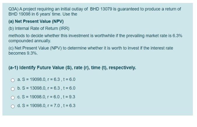 Solved Q3A) A project requiring an initial outlay of BHD | Chegg.com