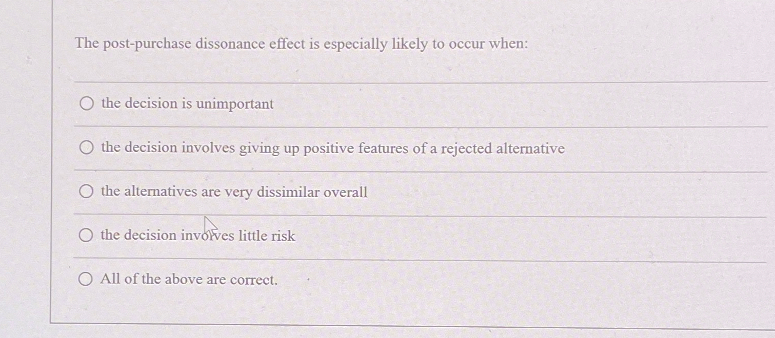 Solved The post-purchase dissonance effect is especially | Chegg.com