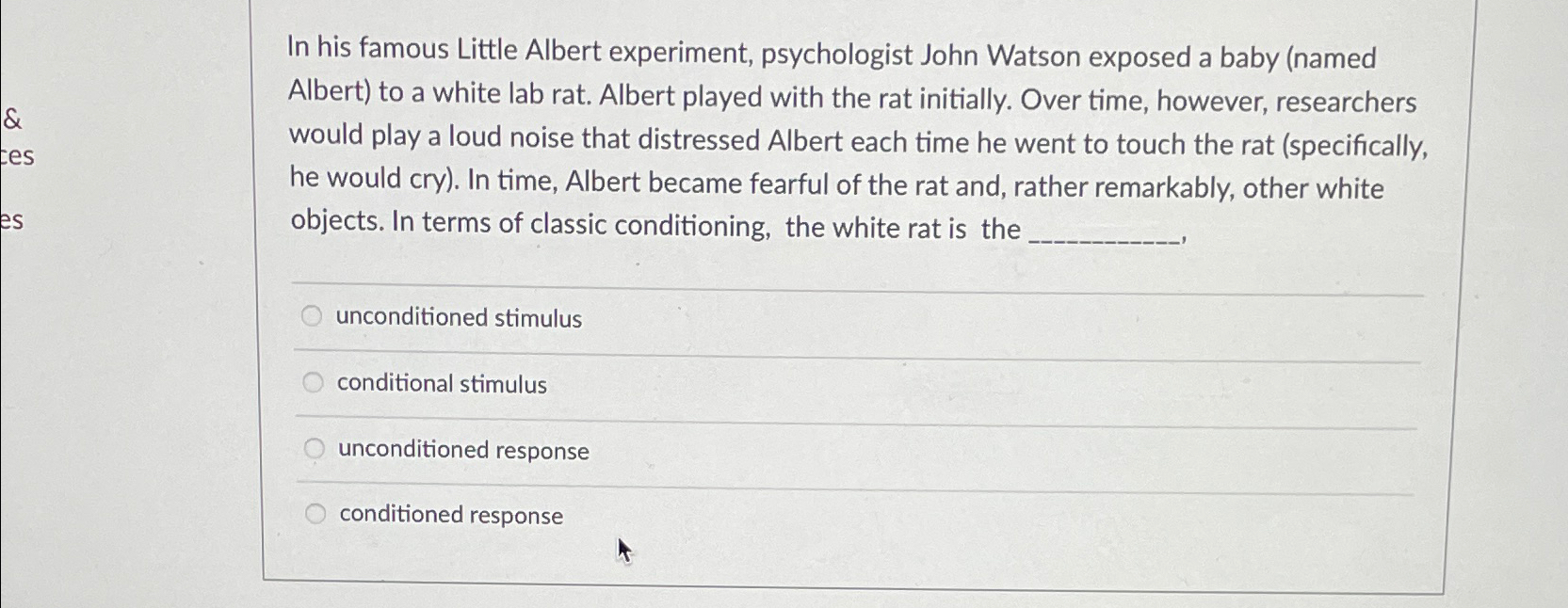 Solved In his famous Little Albert experiment, psychologist | Chegg.com