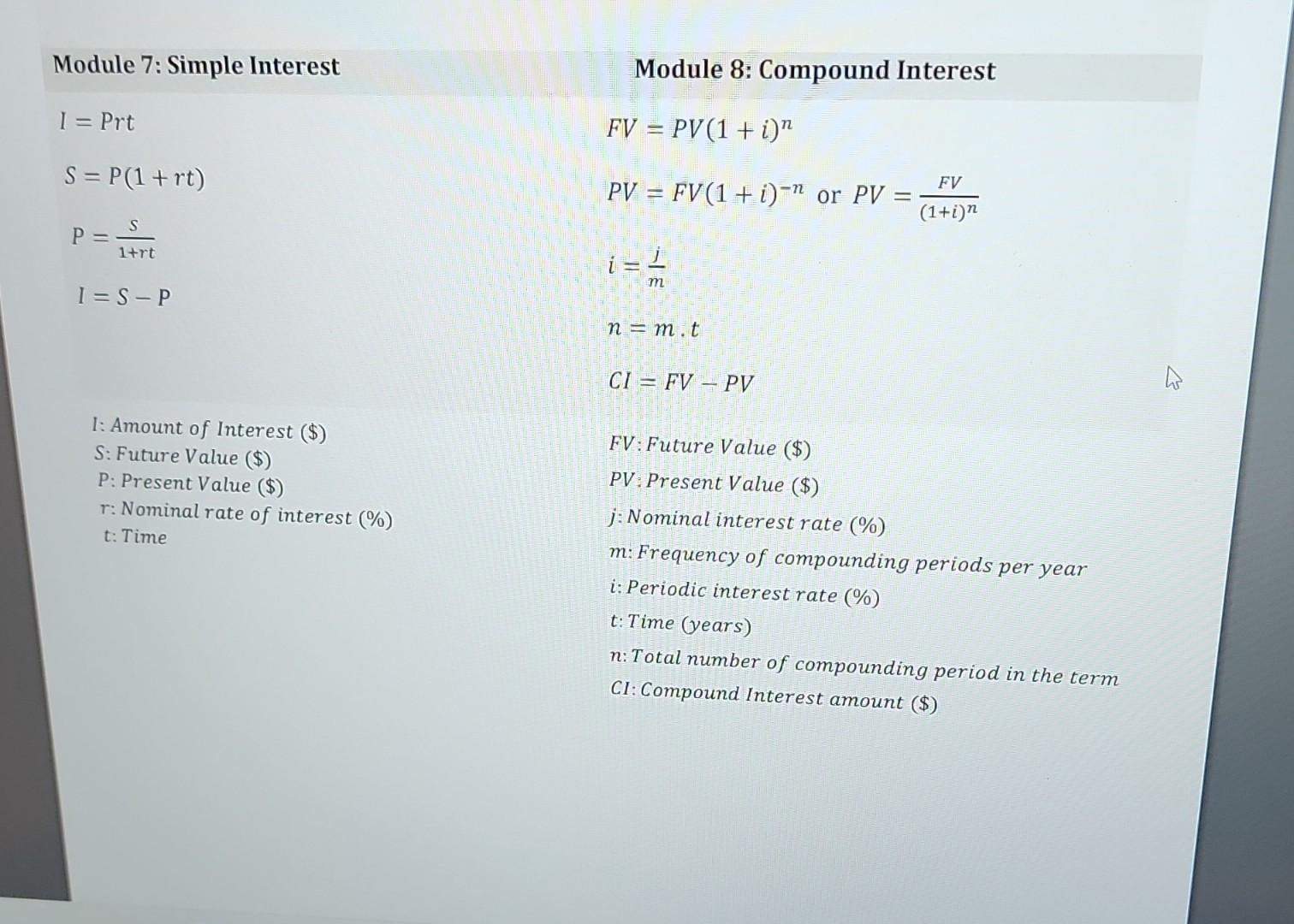 Solved Module 7: Simple Interest I=PrtS=P(1+rt)P=1+rtsI=S−P | Chegg.com