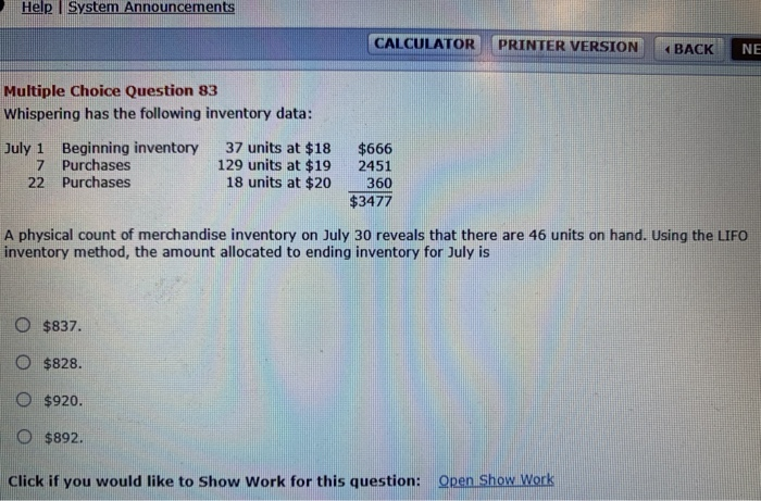 Solved Help System Announcements CALCULATOR PRINTER VERSION | Chegg.com