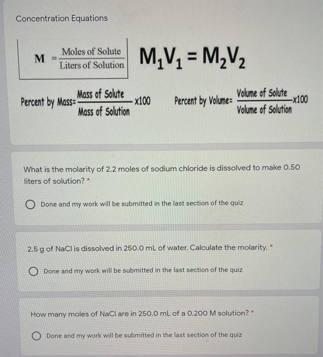 Solved Concentration Equations M Moles of Solute Liters of | Chegg.com