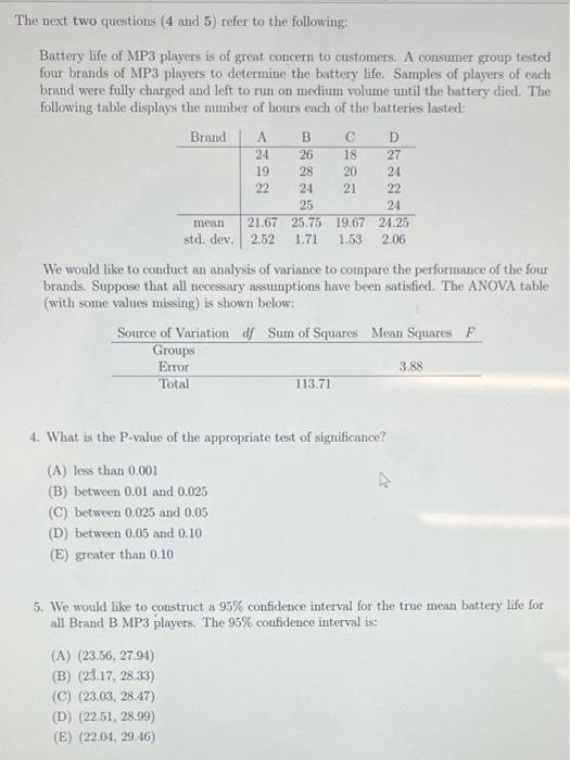 Solved The next two questions (4 and 5 ) refer to the | Chegg.com