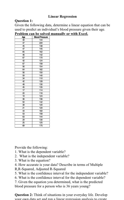 Solved Linear Regression Question 1: Given the following | Chegg.com
