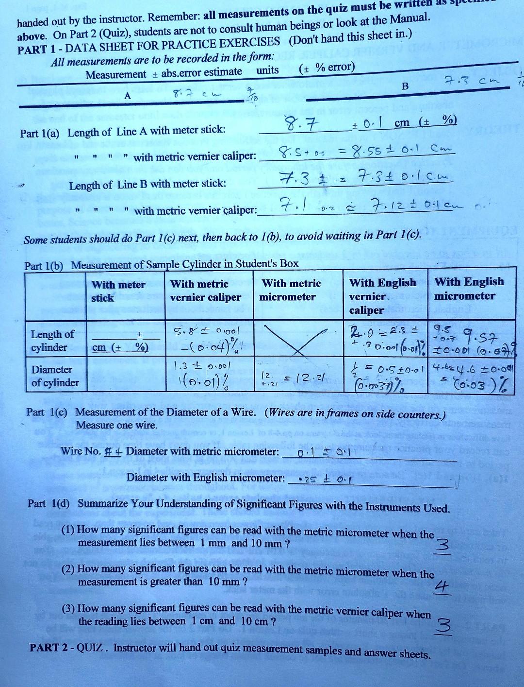 Solved MICROMETER AND VERNIER CALIPER RECORDING OF DATA AND Chegg