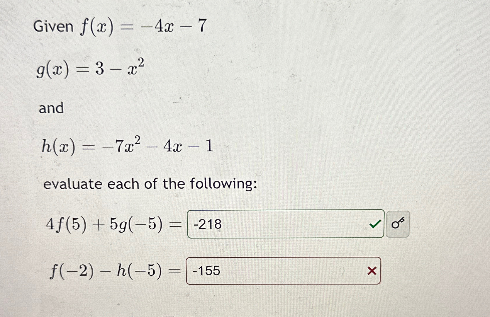 Solved Given f(x)=-4x-7g(x)=3-x2andh(x)=-7x2-4x-1evaluate | Chegg.com