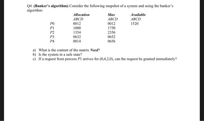 Solved 04 Bankers Algorithm Consider The Following 