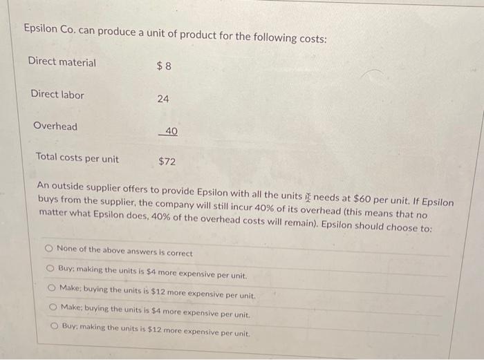 Solved Epsilon Co. can produce a unit of product for the | Chegg.com