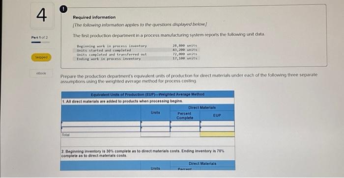 Solved 4 Part 1 of 2 Skipped eBook Required information [The | Chegg.com
