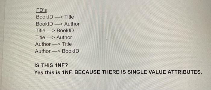 Solved FD's BookID -> Title BookID > Author Title -> BookID | Chegg.com