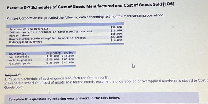 Solved Exercise 5-7 Schedules of Cost of Goods Manufactured | Chegg.com