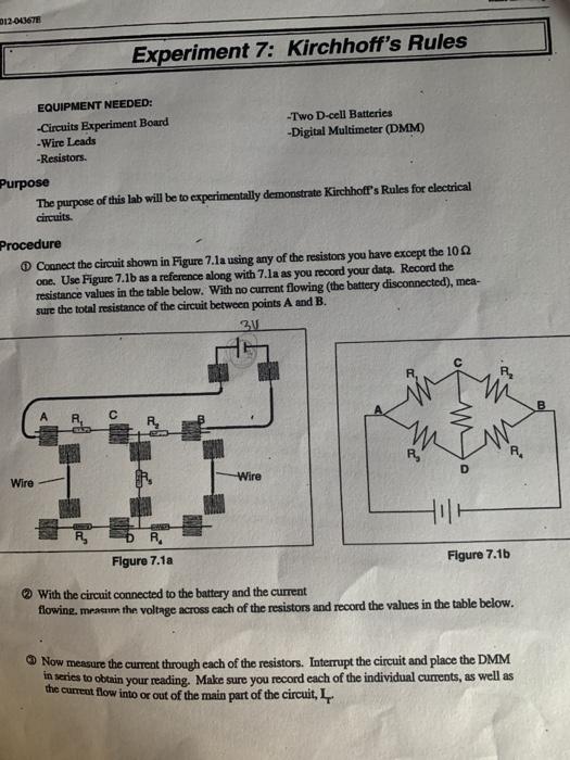 012-04367 Experiment 7: Kirchhoff's Rules EQUIPMENT | Chegg.com