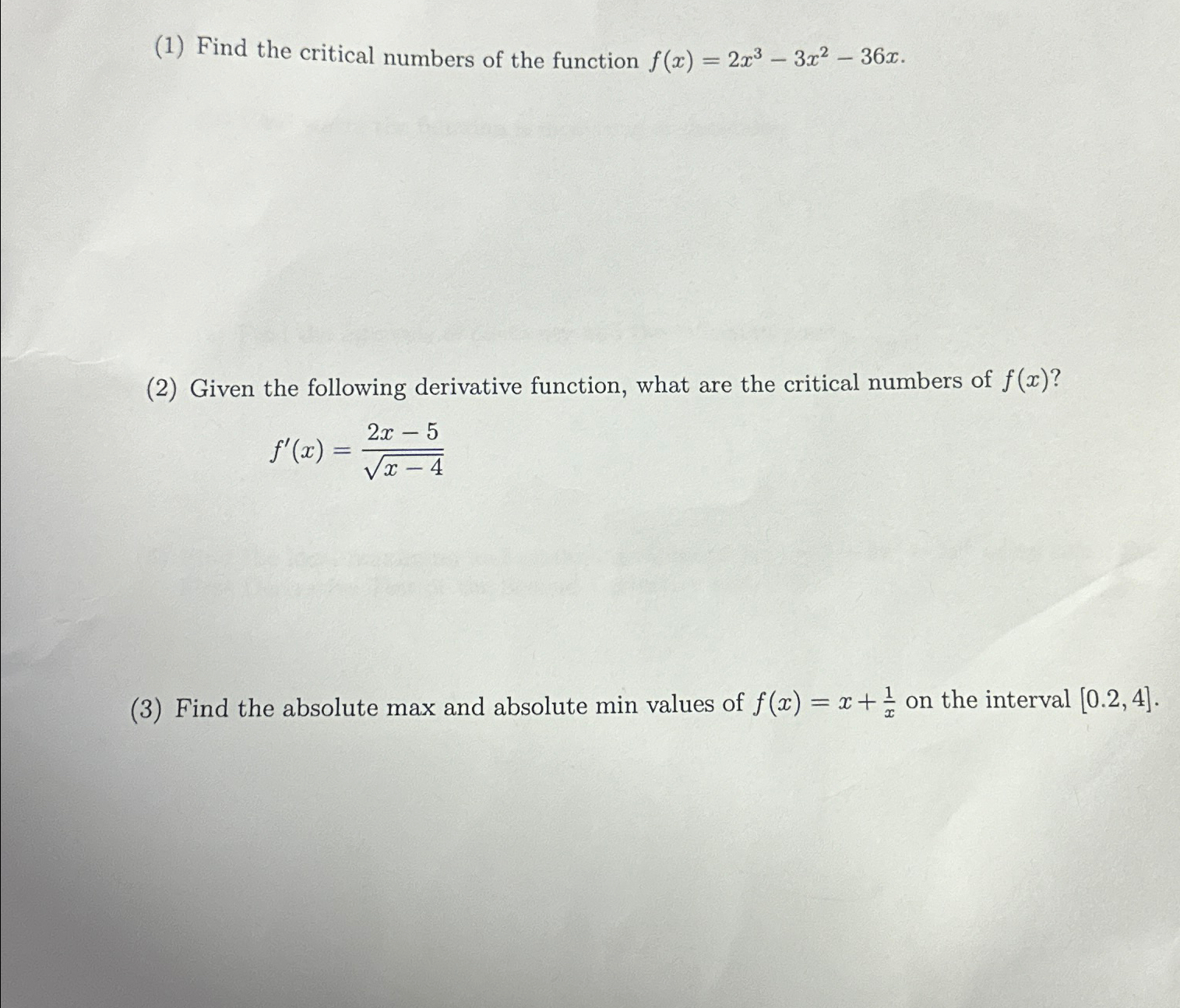 Solved (1) ﻿Find the critical numbers of the function | Chegg.com