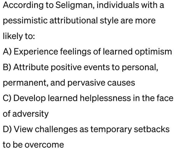 Solved According to Seligman, individuals with a pessimistic | Chegg.com
