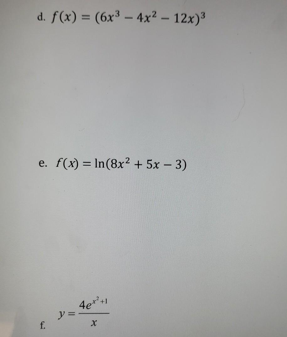 Solved 4. Find the derivatives for the following functions, | Chegg.com