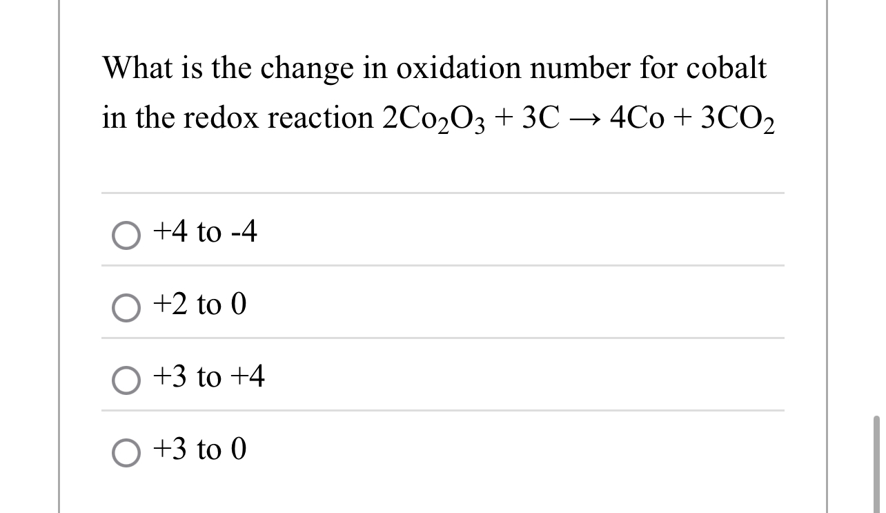 Solved What is the change in oxidation number for cobalt in | Chegg.com