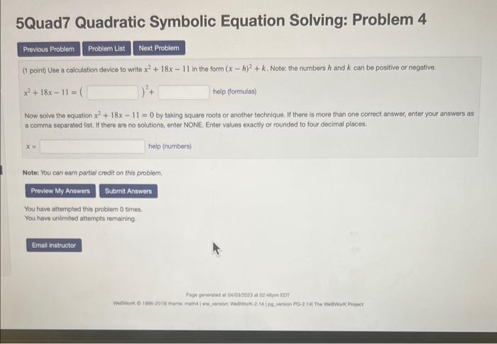 Solved 5Quad7 Quadratic Symbolic Equation Solving: Problem 4 | Chegg.com