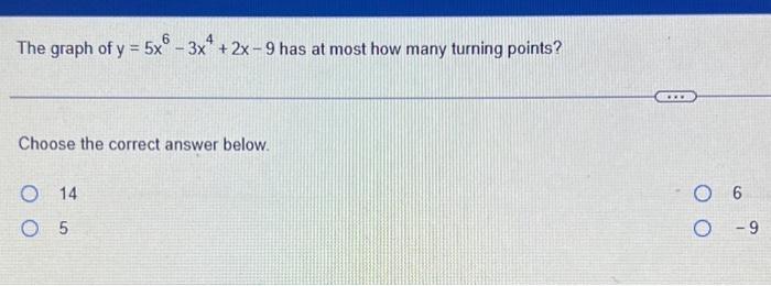 Solved 6 The graph of y = 5x - 3x + 2x - 9 has at most how | Chegg.com