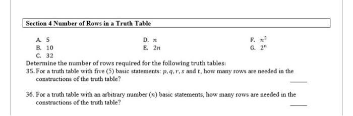Solved Section 4 Number of Rows in a Truth Table A. 5 Dn F. | Chegg.com