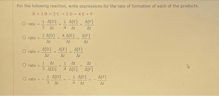 Solved For the following reaction, write expressions for the | Chegg.com
