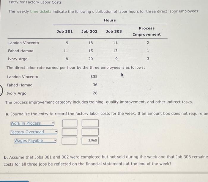 Solved Entry for Factory Labor Costs The weekly time tickets | Chegg.com