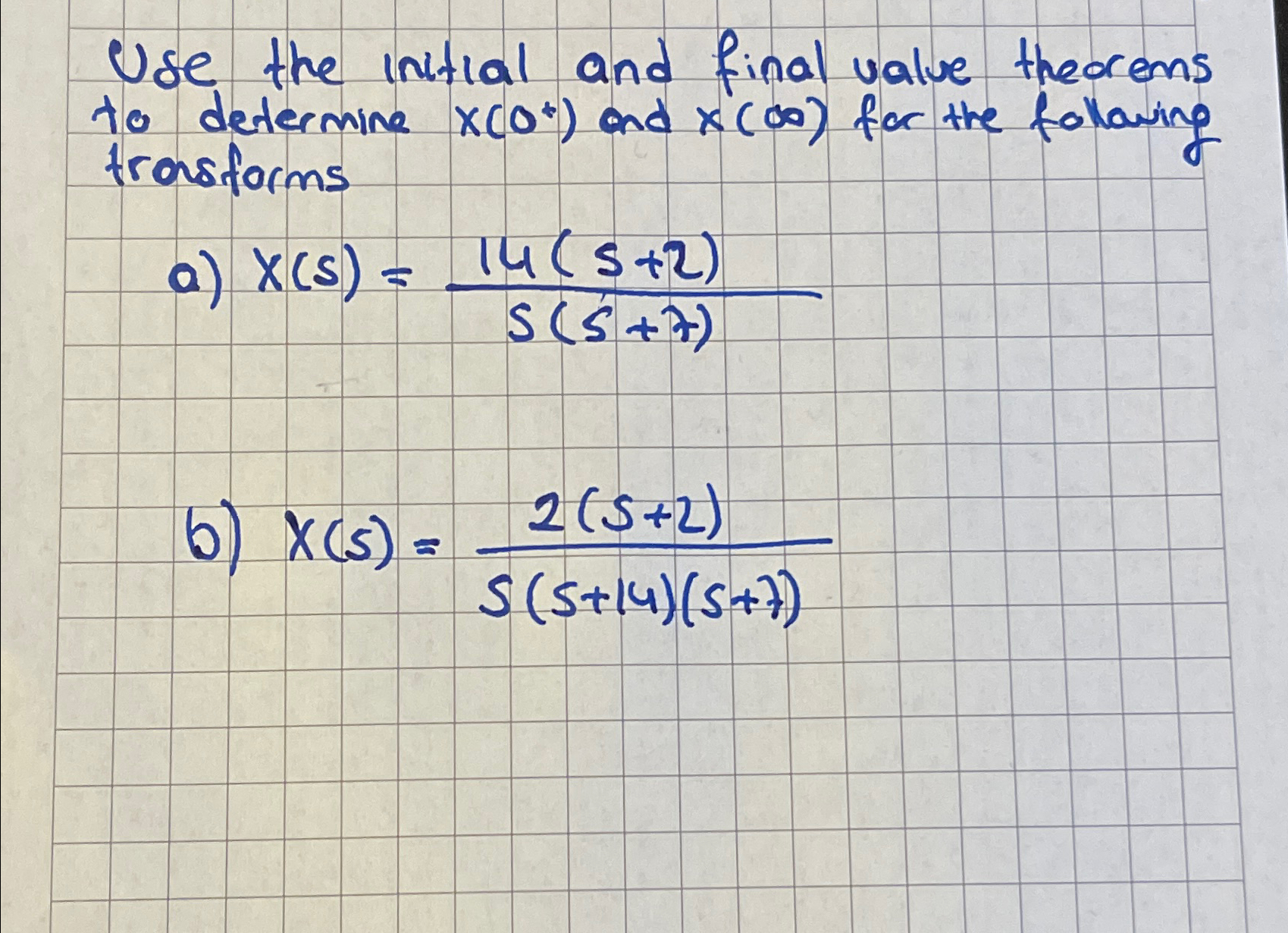Use the initial and final value theorems to determine | Chegg.com