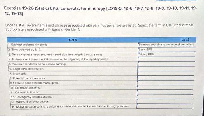 Solved Exercise 19-26 (Static) EPS; concepts; terminology | Chegg.com