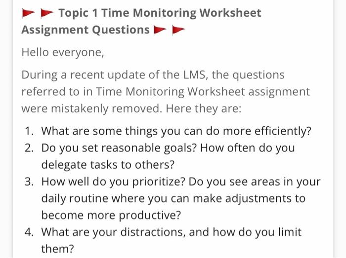 Solved Topic 1 Time Monitoring Worksheet Assignment | Chegg.com