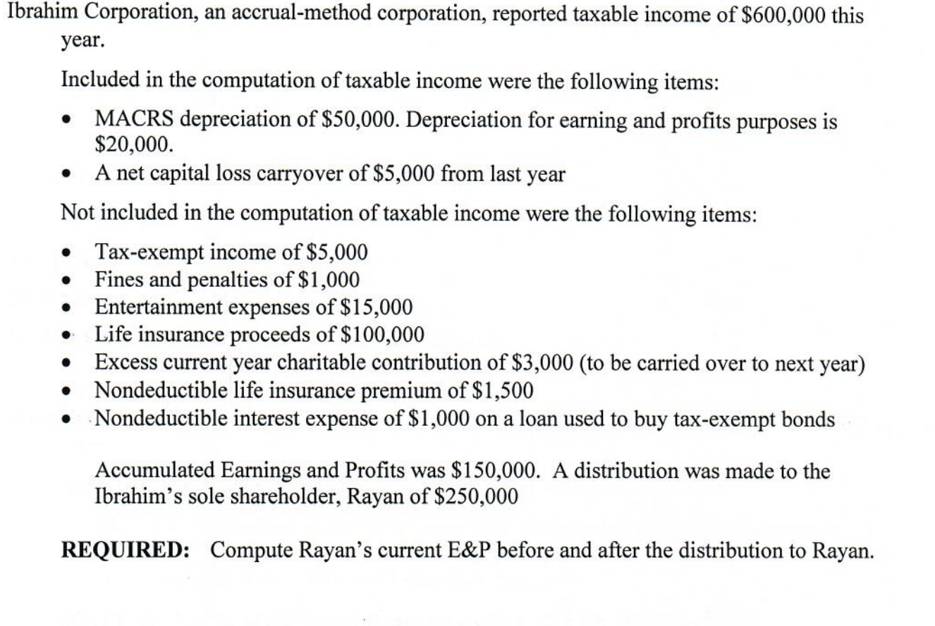Solved Ibrahim Corporation, an ﻿accrual-method corporation, | Chegg.com