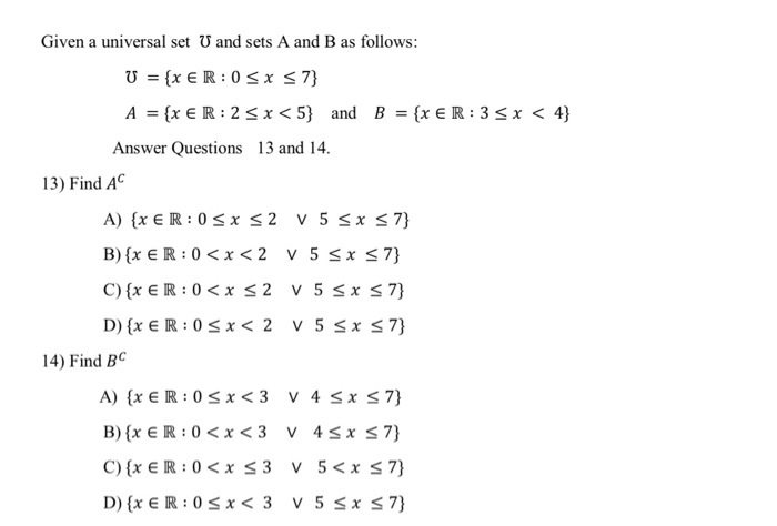 Solved Given a universal set U and sets A and B as follows: | Chegg.com