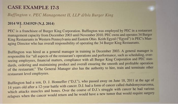 Solved Buffington v. PEC Management II, LLP d/b/a Burger | Chegg.com