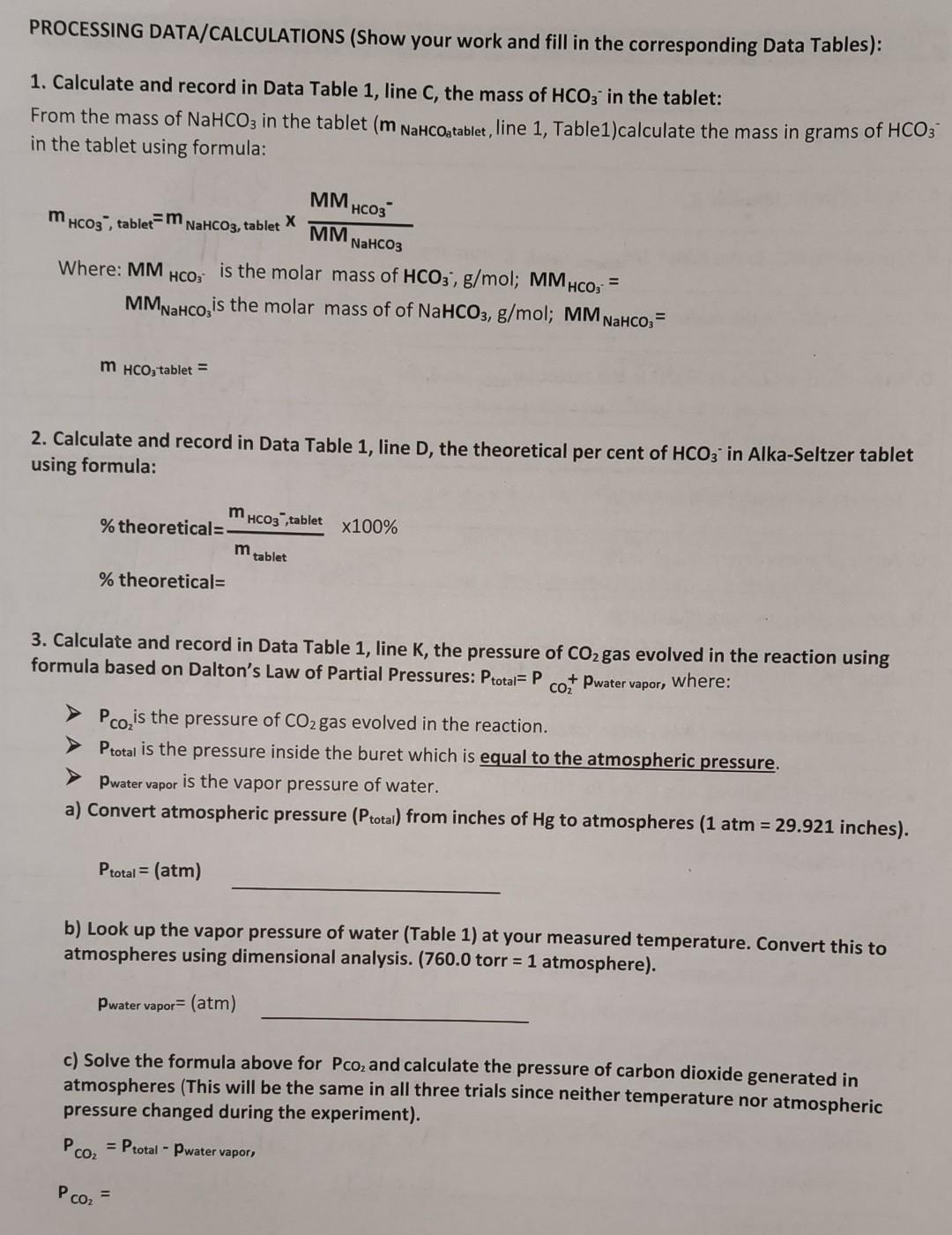 Solved DATA TABLE 1 A. Mass of tablet (mtablet), g B. Mass | Chegg.com
