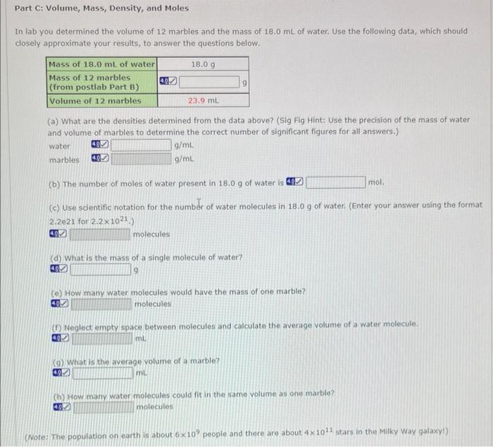 Part C: Volume, Mass, Density, and Moles In lab you | Chegg.com
