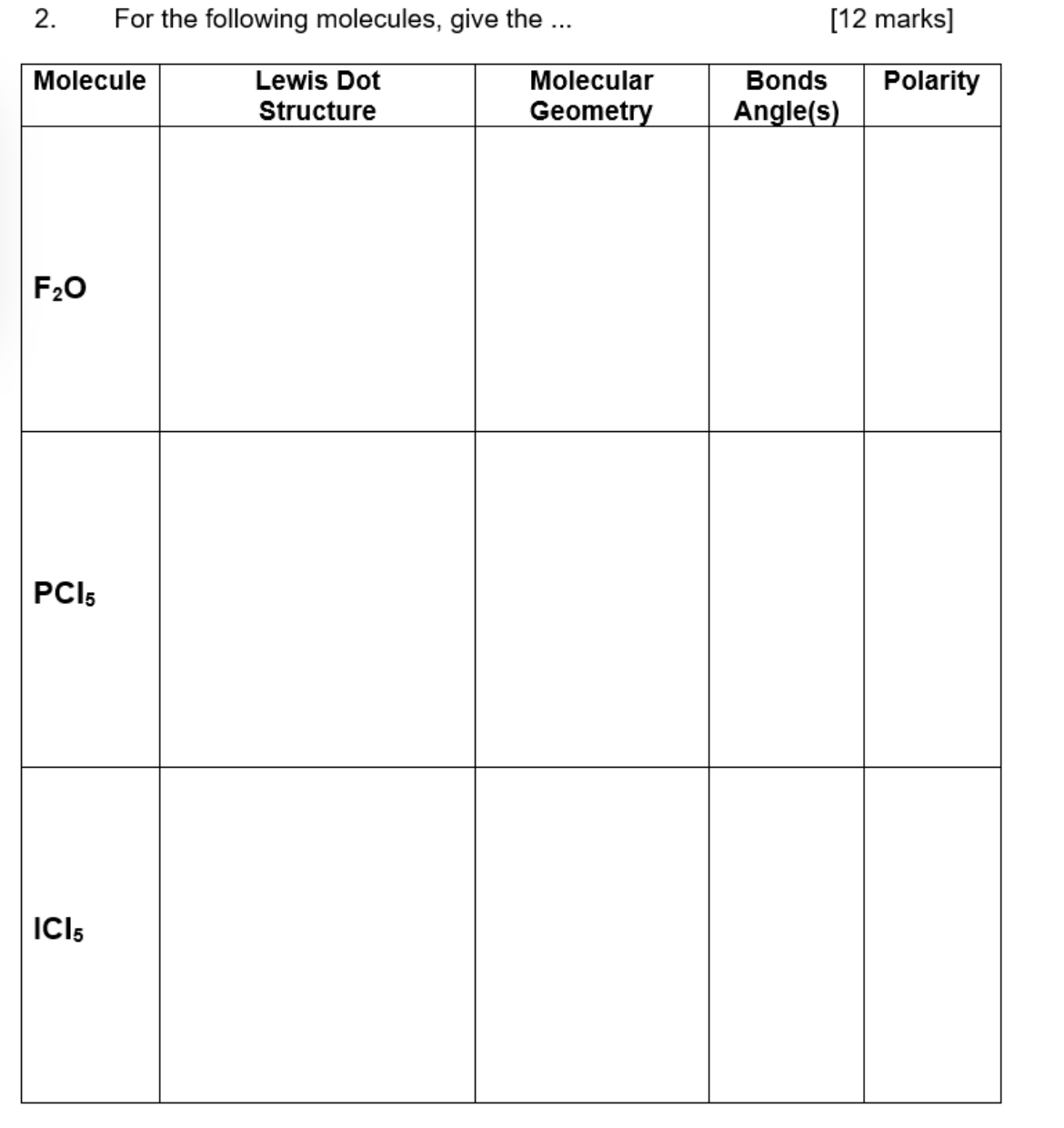 Solved For the following molecules, give the ...[12 ﻿marks] | Chegg.com