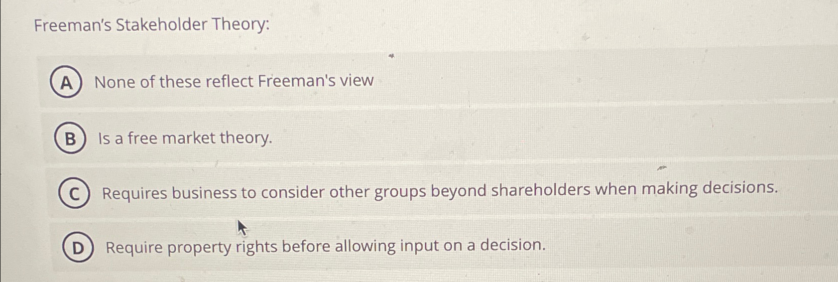 Solved Freeman's Stakeholder Theory:None of these reflect | Chegg.com