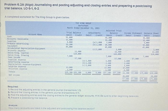 Solved Problem 6.2A (Algo) Journalizing and posting | Chegg.com
