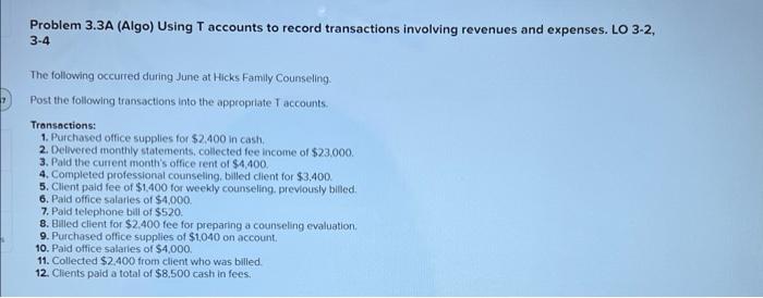Solved Problem 3.3A (Algo) Using T accounts to record | Chegg.com