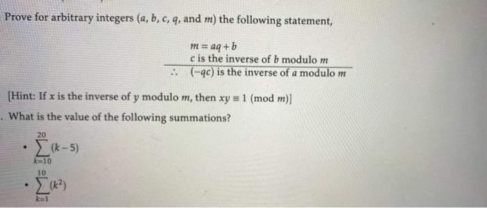 Solved Prove for arbitrary integers (a, b, c, 9, and m) the | Chegg.com