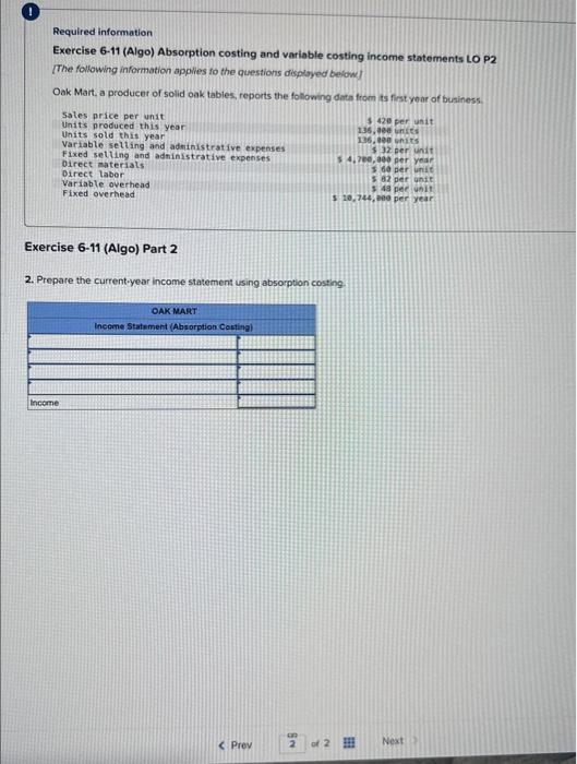 Solved Required information Exercise 6-11 (Algo) Absorption | Chegg.com