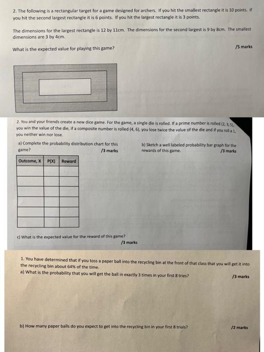 Solved 2. The following is a rectangular target for a game | Chegg.com