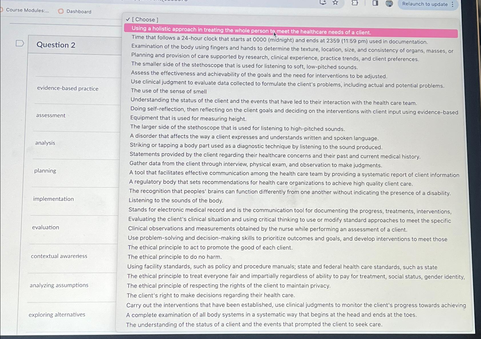 Solved Course Modules:...DashboardRelaunch to updateQuestion | Chegg.com