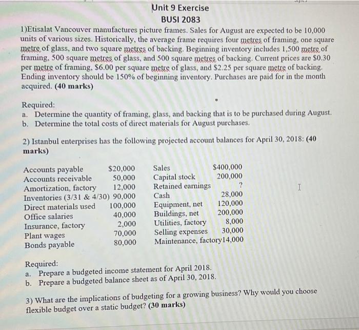 Solved Unit 9 Exercise BUSI 2083 1)Etisalat Vancouver | Chegg.com