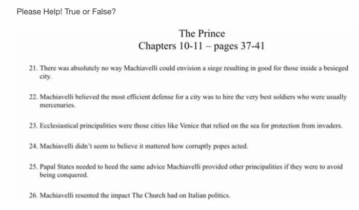 Please Help! True or False? The Prince Chapters 10−11 | Chegg.com