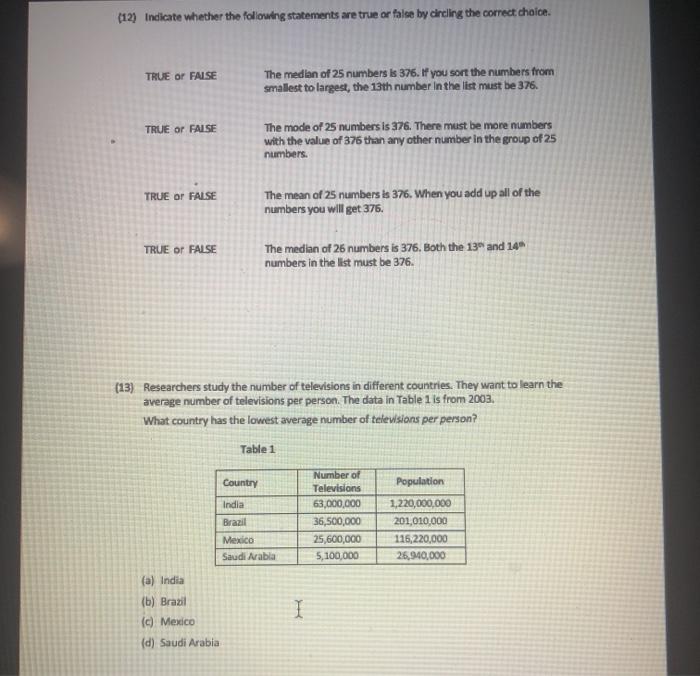 Solved (12) Indicate whether the following statements are | Chegg.com